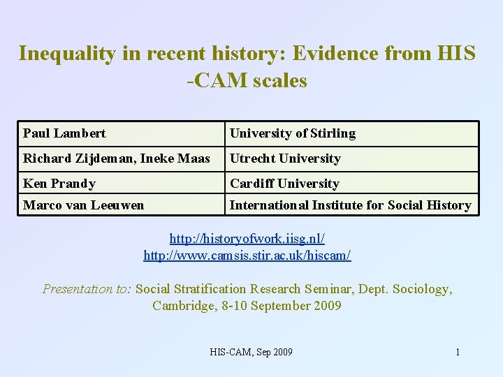 Inequality in recent history Evidence from HIS CAM