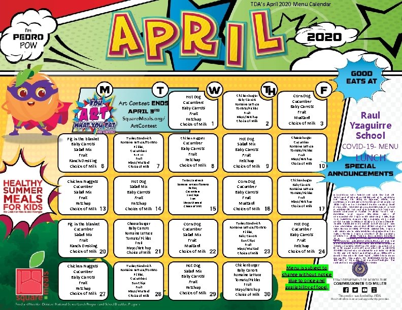 TDAs April 2020 Menu Calendar Hot Dog Cucumbers