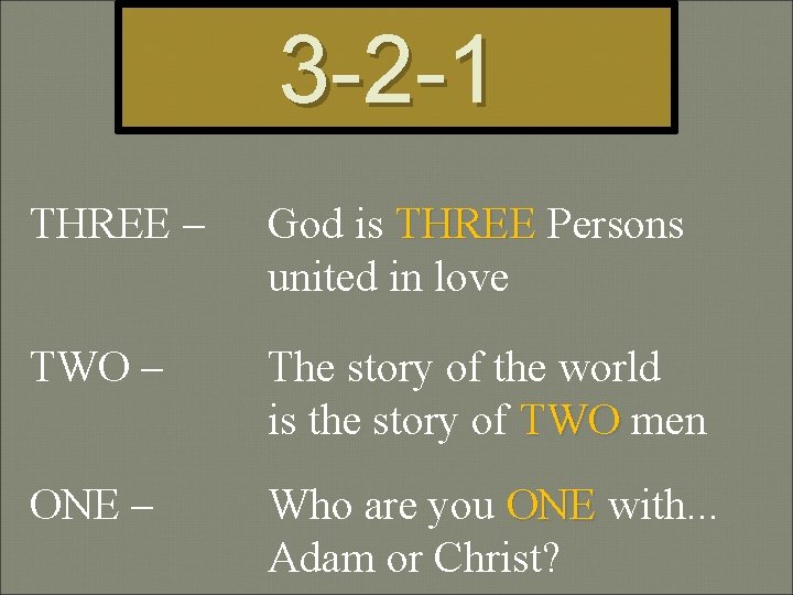 3 2 1 THREE God is THREE Persons