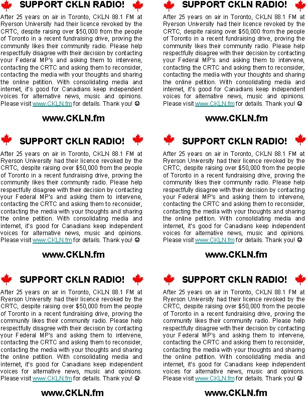 SUPPORT CKLN RADIO After 25 years on air