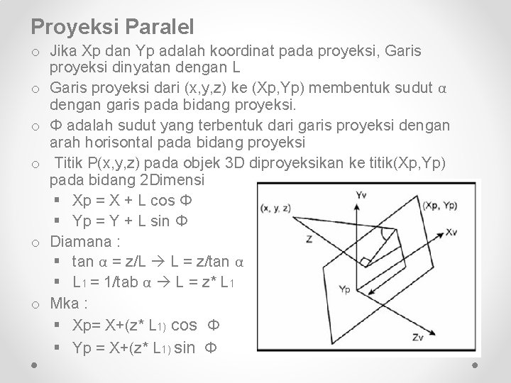 Proyeksi Proyeksi didefinisikan sebagai proses mengubah titik dalam