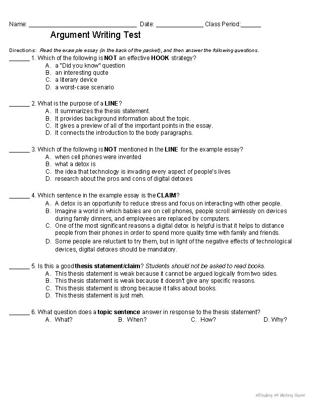 Name Date Class Period Argument Writing Test Directions