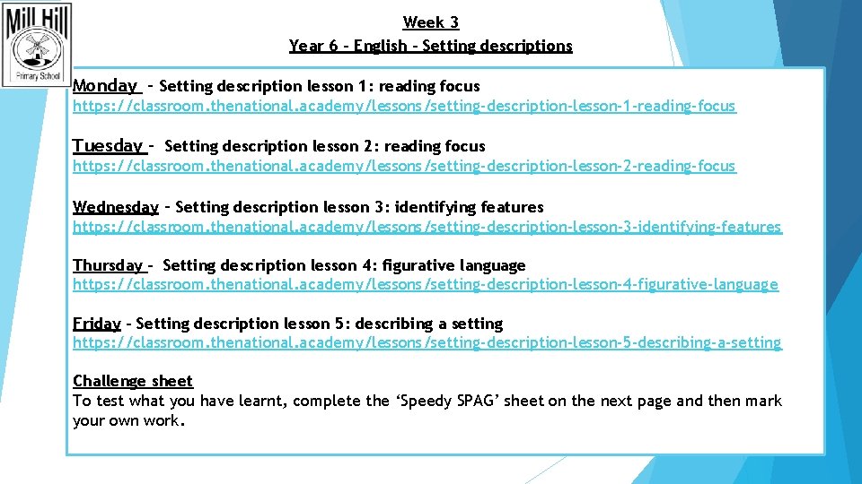 Week 3 Year 6 English Setting descriptions This