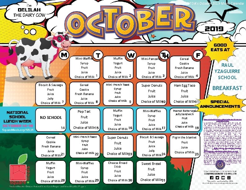 TDAs October 2019 Menu Calendar MiniWaffles Syrup Fruit