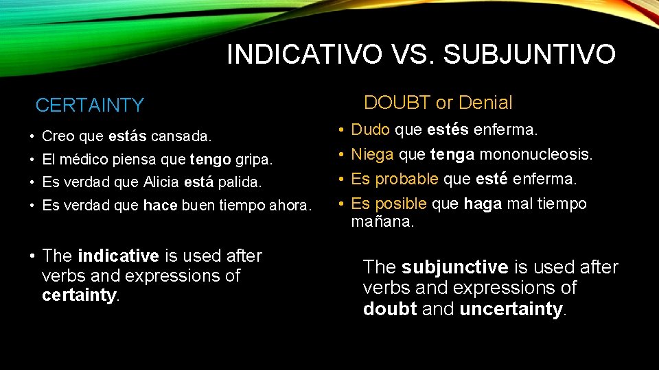 EXPRESIONES DE CERTEZA Y DE DUDA INDICATIVO VS