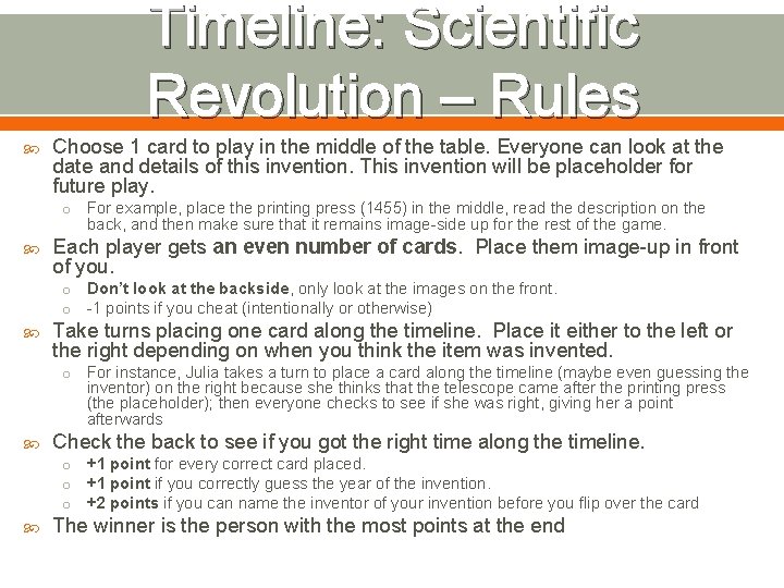 Timeline Scientific Revolution Rules Choose 1 card to