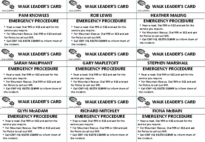 WALK LEADERS CARD PAM KNOWLES EMERGENCY PROCEDURE ROB