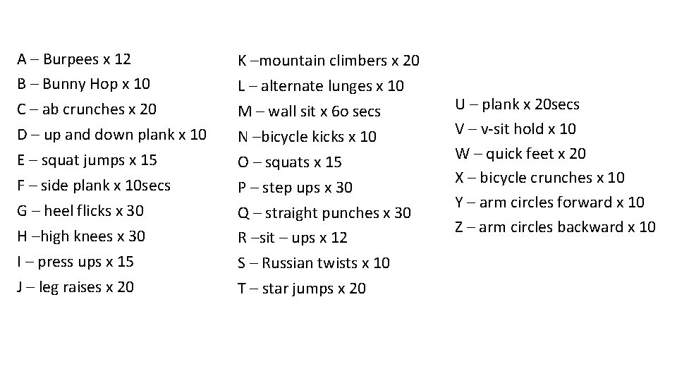 Netball related Alphabet Workout Challenge Task 30 40