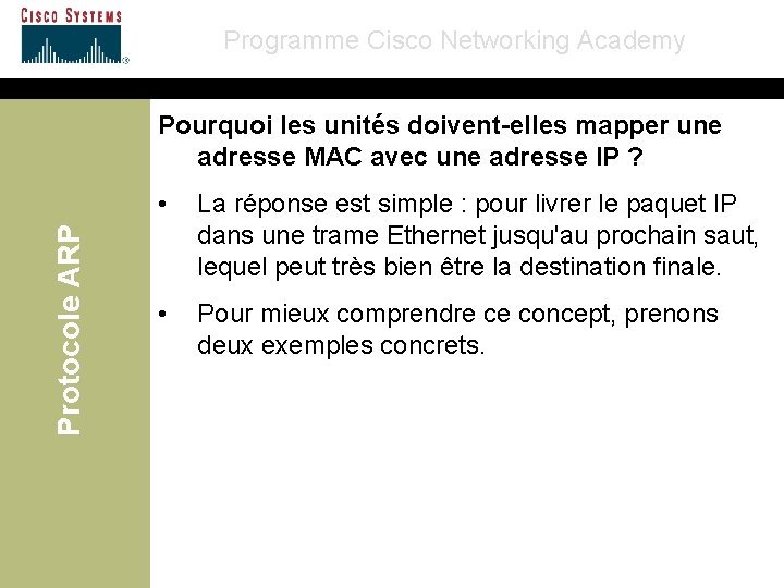 Programme Cisco Networking Academy Protocole ARP Le protocole