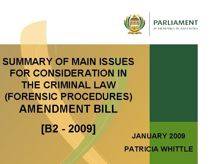 SUMMARY OF MAIN ISSUES FOR CONSIDERATION IN THE