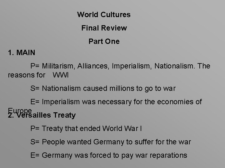 World Cultures Final Review Part One 1 MAIN