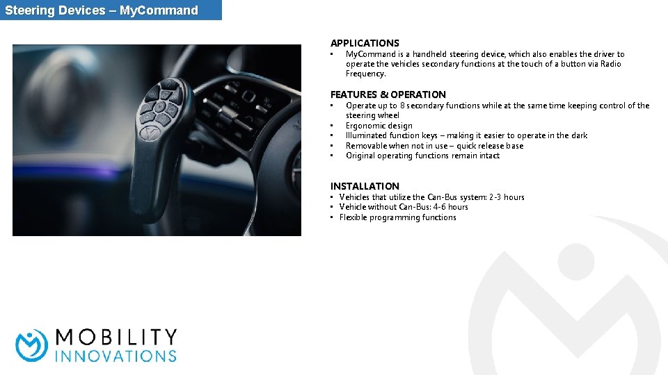 Steering Devices MPD and Veigel Knob APPLICATIONS Generally