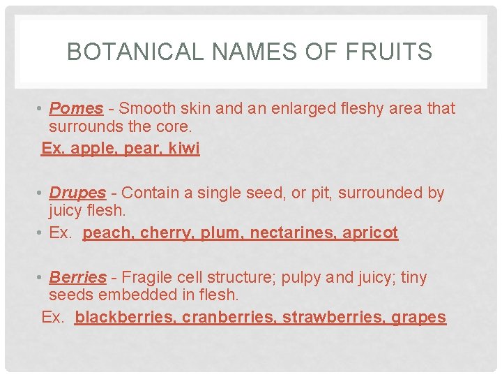 FRUIT LECTURE BOTANICAL NAMES OF FRUITS Pomes Smooth