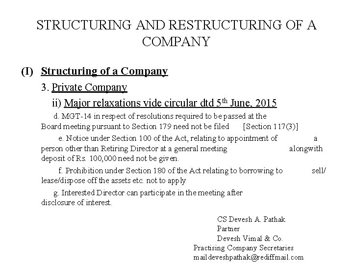 PRESENTATION ON STRUCTURING AND RESTRUCTURING OF A COMPANY
