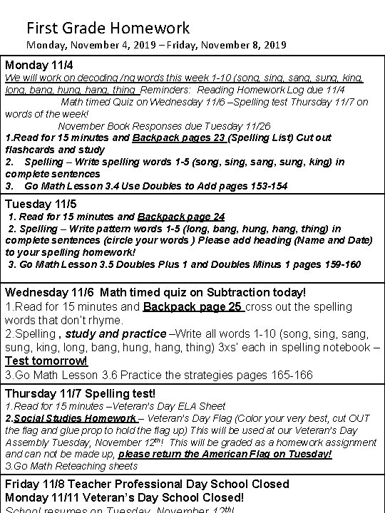 First Grade Homework Monday November 4 2019 Friday