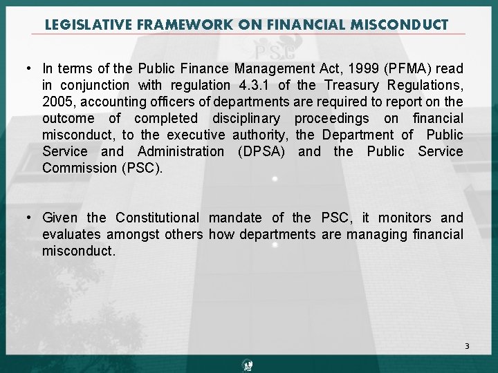 PRESENTATION ON THE OVERVIEW REPORT ON FINANCIAL MISCONDUCT