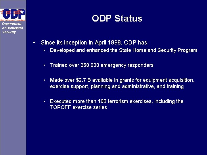 Office for Domestic Preparedness Overview Briefing Department of