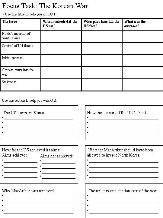 Focus Task The Korean War Use this table