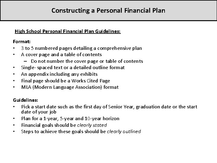 Constructing a Personal Financial Plan BUT what is