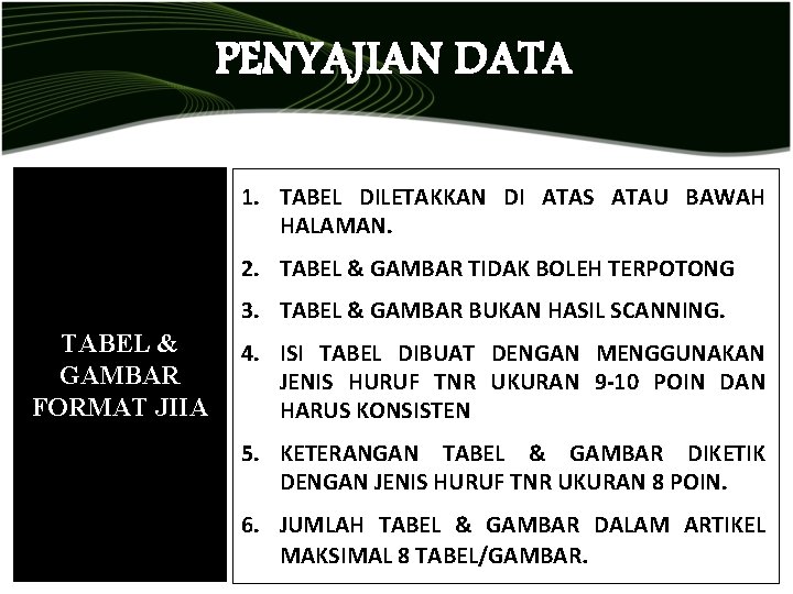 FORMAT PENULISAN ARTIKEL ILMIAH PENYAJIAN DATA TABEL DAN