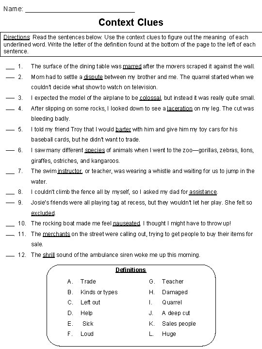 Name Context Clues Directions Read the sentences below