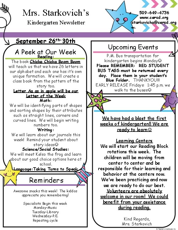 Mrs Starkovichs Kindergarten Newsletter September 26 th30 th