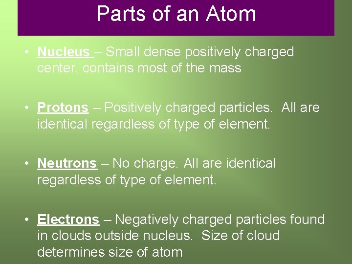 Parts of an Atom Nucleus Small dense positively