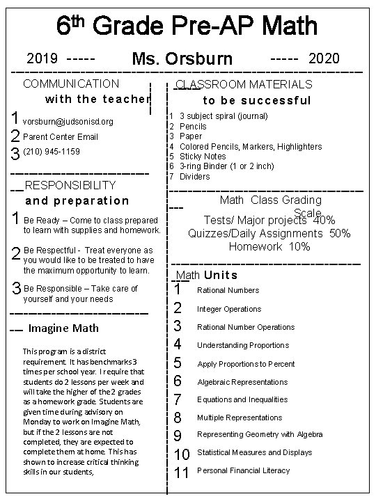 6 th Grade PreAP Math 2019 2020 Ms