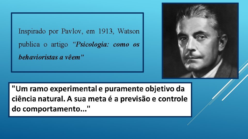 BEHAVIORISMO CLSSICO Inspirado por Pavlov em 1913 Watson