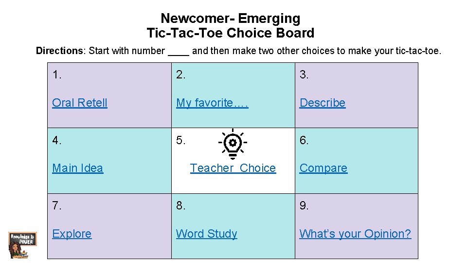 Newcomer Emerging TicTacToe Choice Board Directions Start with