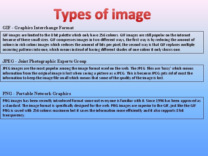 Types of image GIF Graphics Interchange Format GIF
