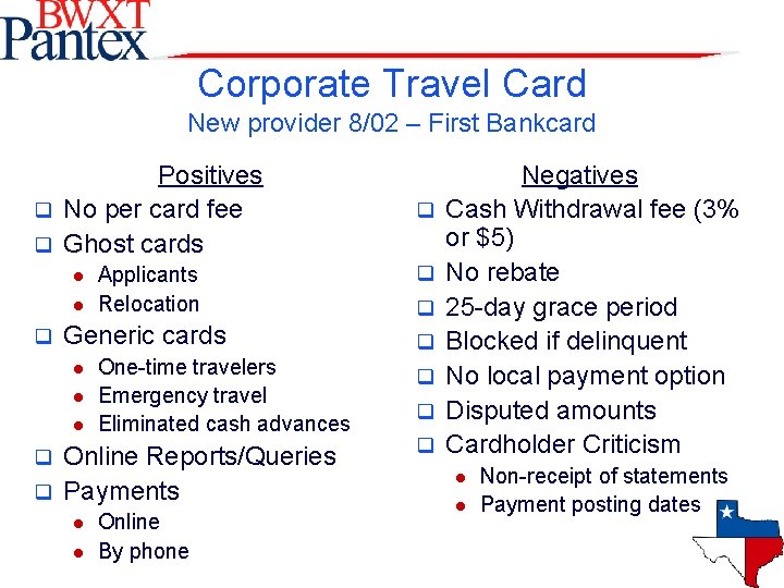 Corporate Travel Card New provider 802 First Bankcard