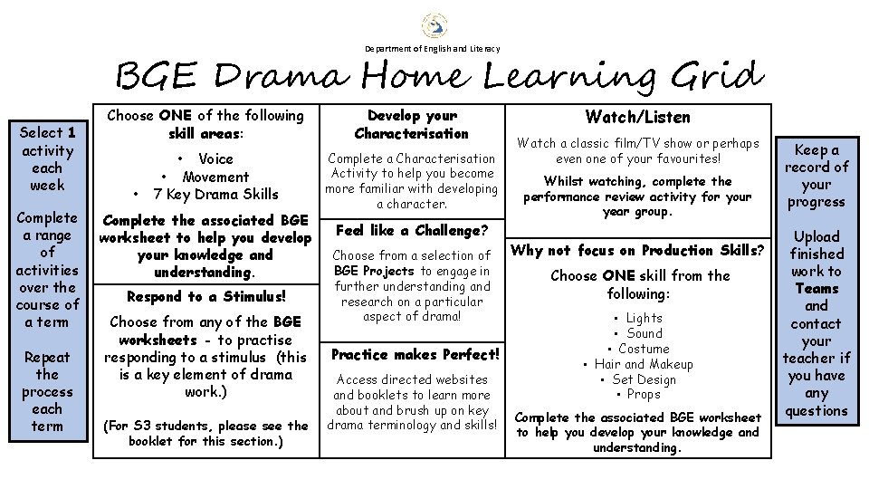 Department of English and Literacy BGE Drama Home
