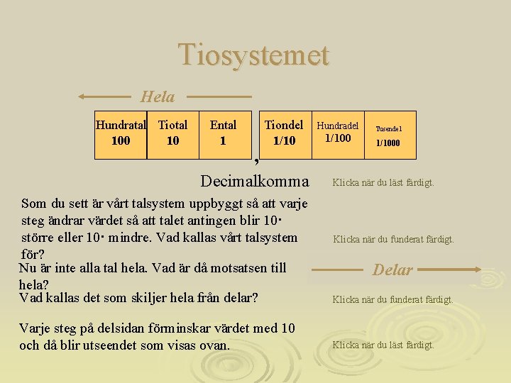 Tiosystemet Vrt talsystem Hela Hundratal Tiotal 100 10