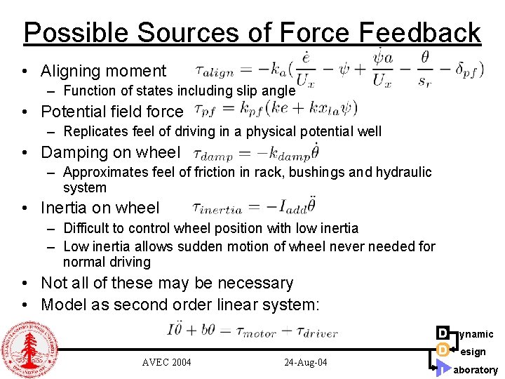 Handwheel Force Feedback for Lanekeeping Assistance Combined Dynamics