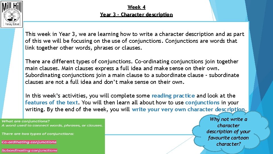 Week 4 Year 3 Character description This week