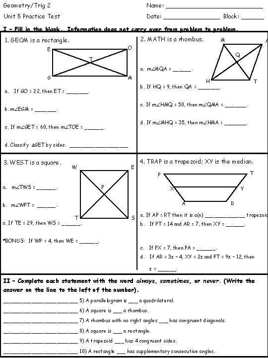 GeometryTrig 2 Name Unit 5 Practice Test Date