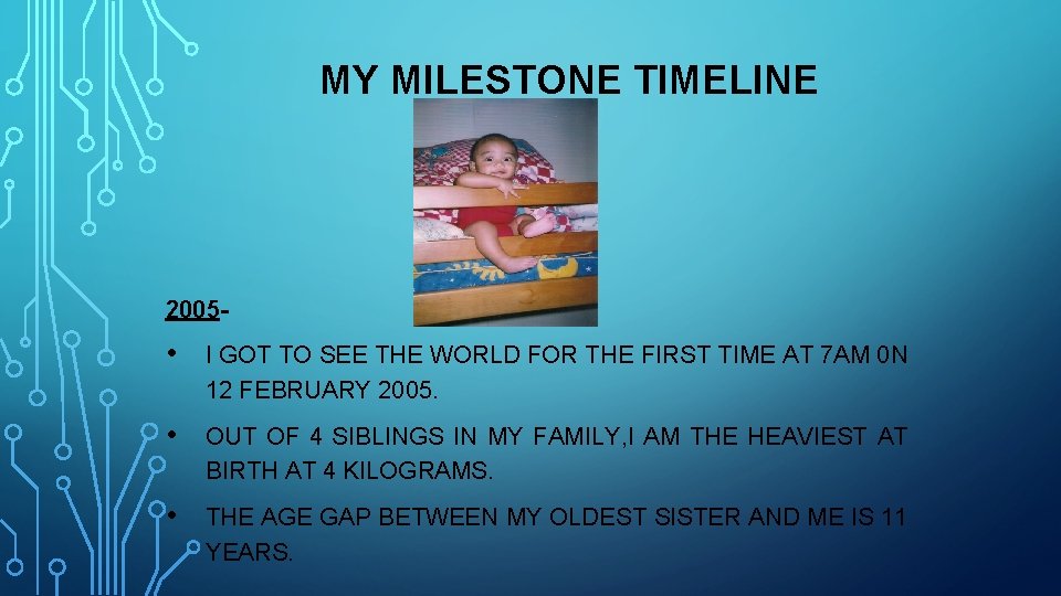 MY MILESTONE TIMELINE 2005 I GOT TO SEE