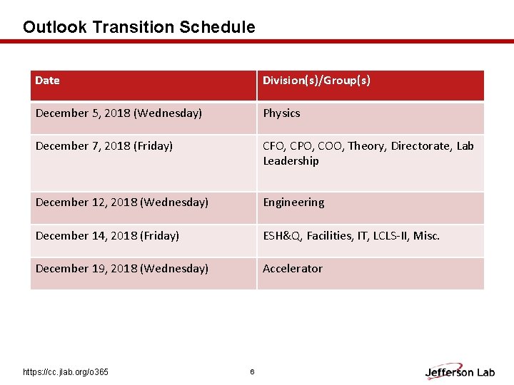 Outlook EmailCalendar at Jefferson Lab Email Transitions start