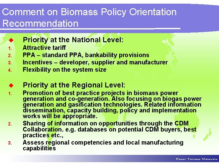 Biomass for Electricity Generation in Malaysia Information for