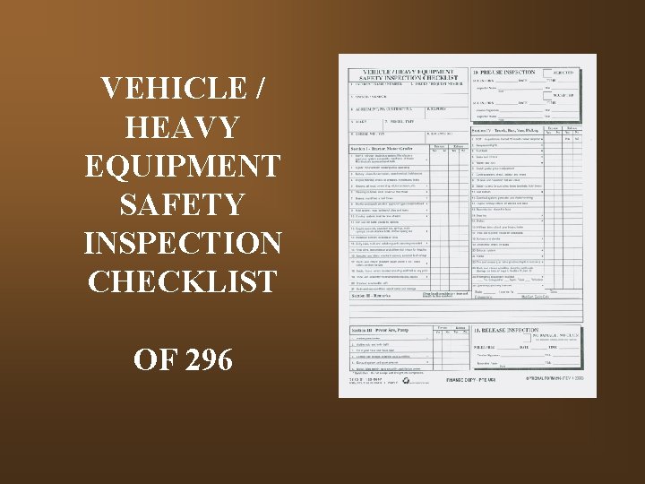 ENGINES VEHICLE HEAVY EQUIPMENT SAFETY INSPECTION CHECKLIST OF
