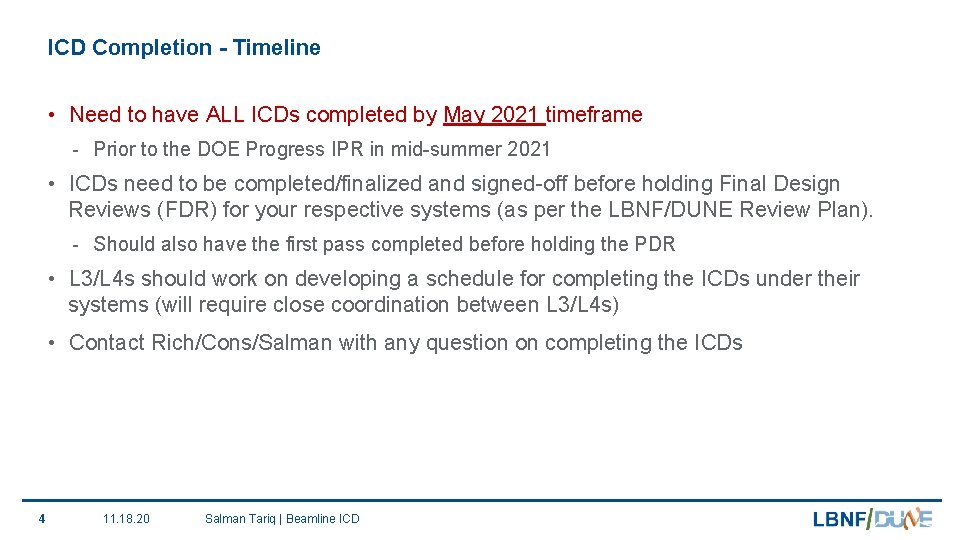 Beamline Interface Control Documents Process Timeline for Completion