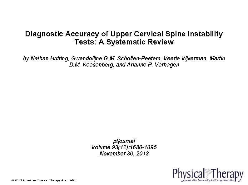 Diagnostic Accuracy of Upper Cervical Spine Instability Tests