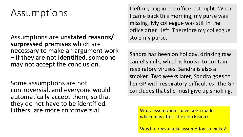 Assumptions are unstated reasons surpressed premises which are