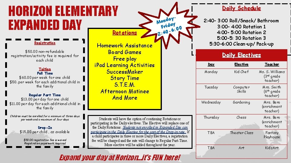 HORIZON ELEMENTARY EXPANDED DAY Rotations Registration 50 00