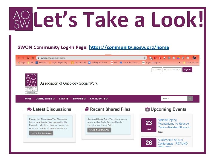 Connecting the AOSW Community Bringing SWON online AOSW