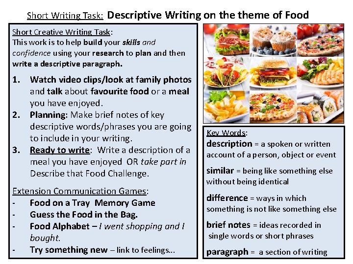 Short Writing Task Descriptive Writing on theme of
