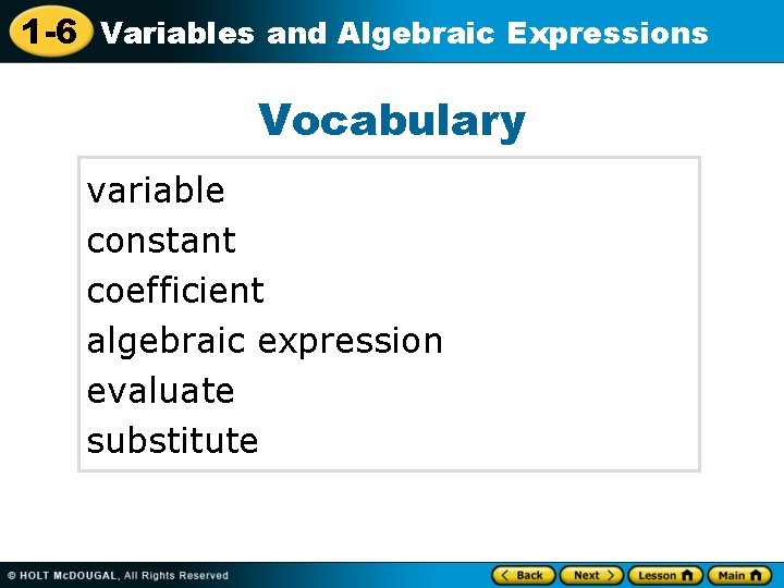 1 6 Variables and Algebraic Expressions Warm Up