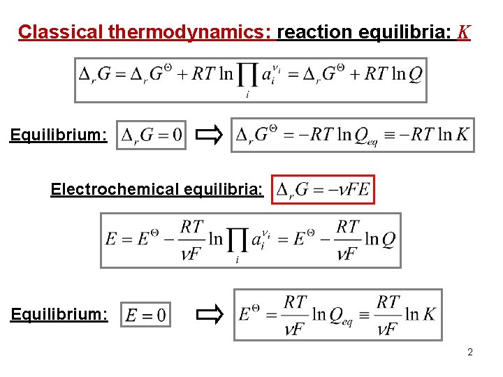 Classical thermodynamics reaction equilibria K Second law Equilibrium