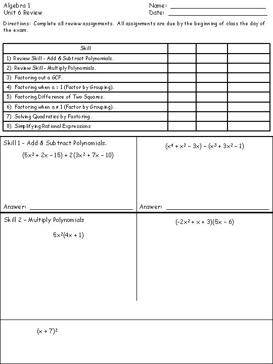 Algebra 1 Unit 6 Review Name Date Directions